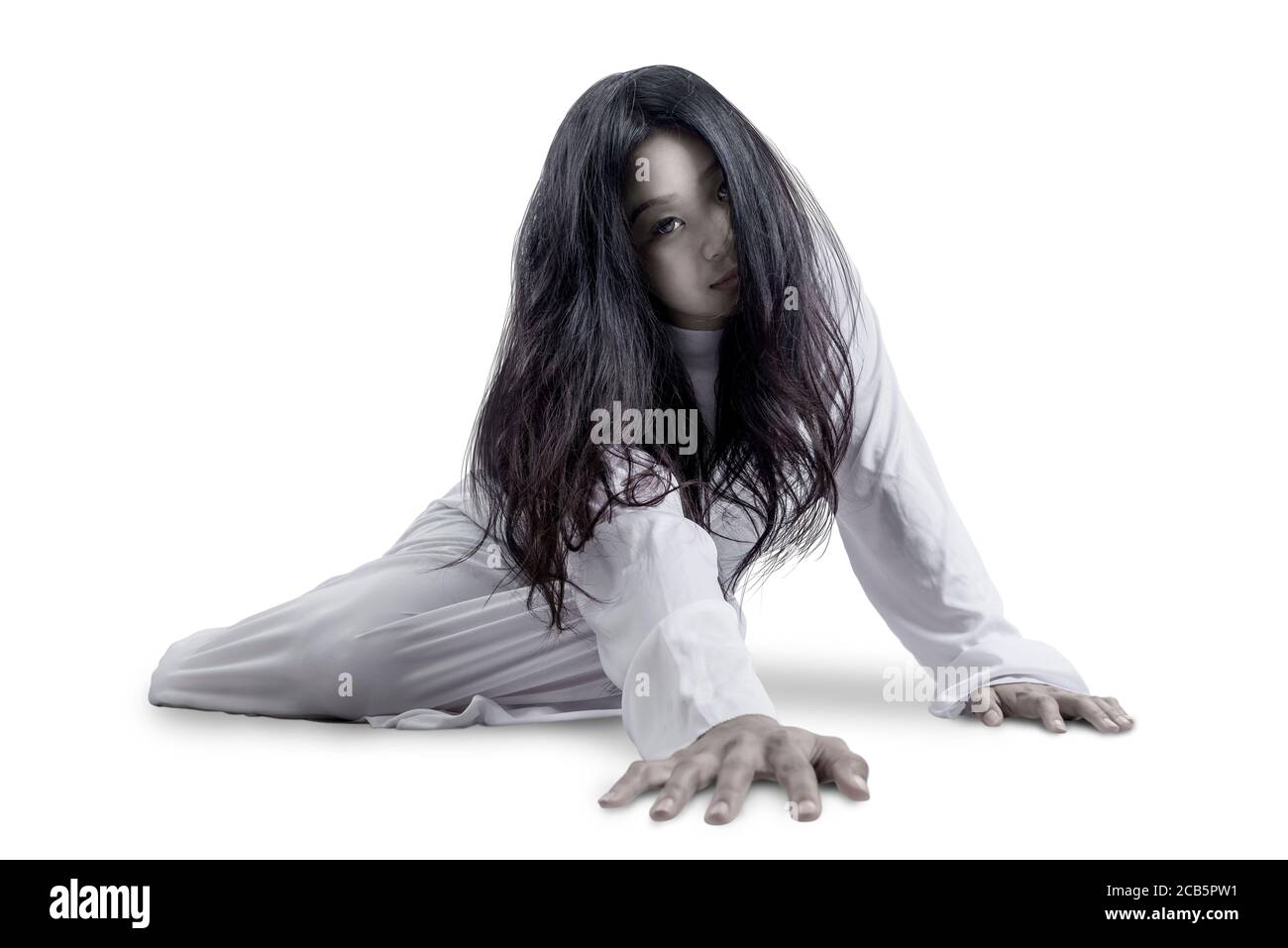 Scary ghost woman crawling isolated over white background. Halloween ...