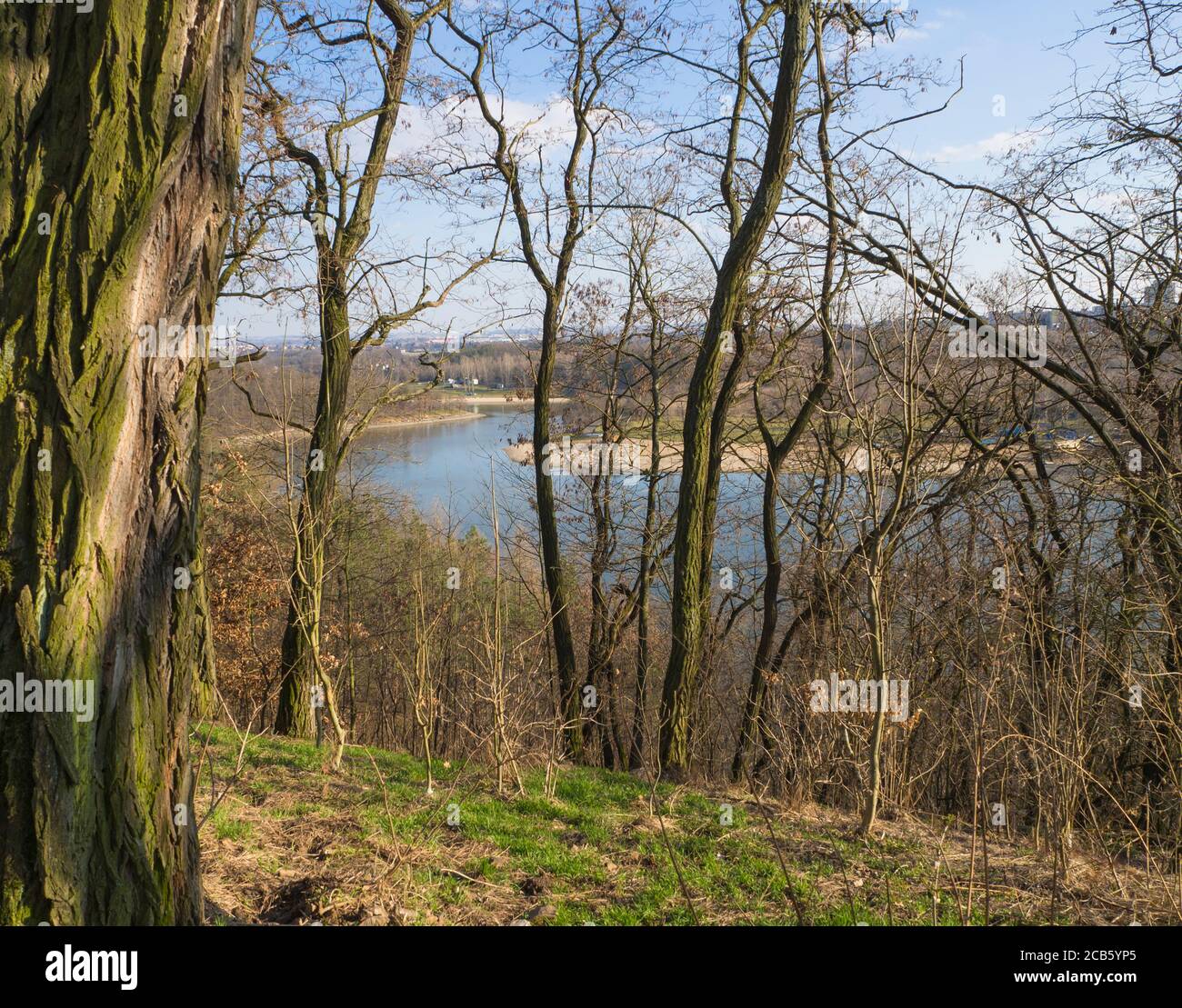 view on artificial lake dam in Prague park (hostivarska prehrada) early ...