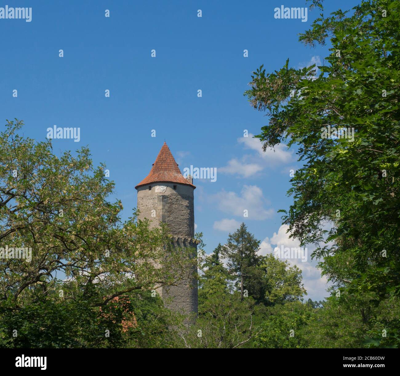 round stone tower of medieval castle Zvikov (Klingenberg) spring green ...