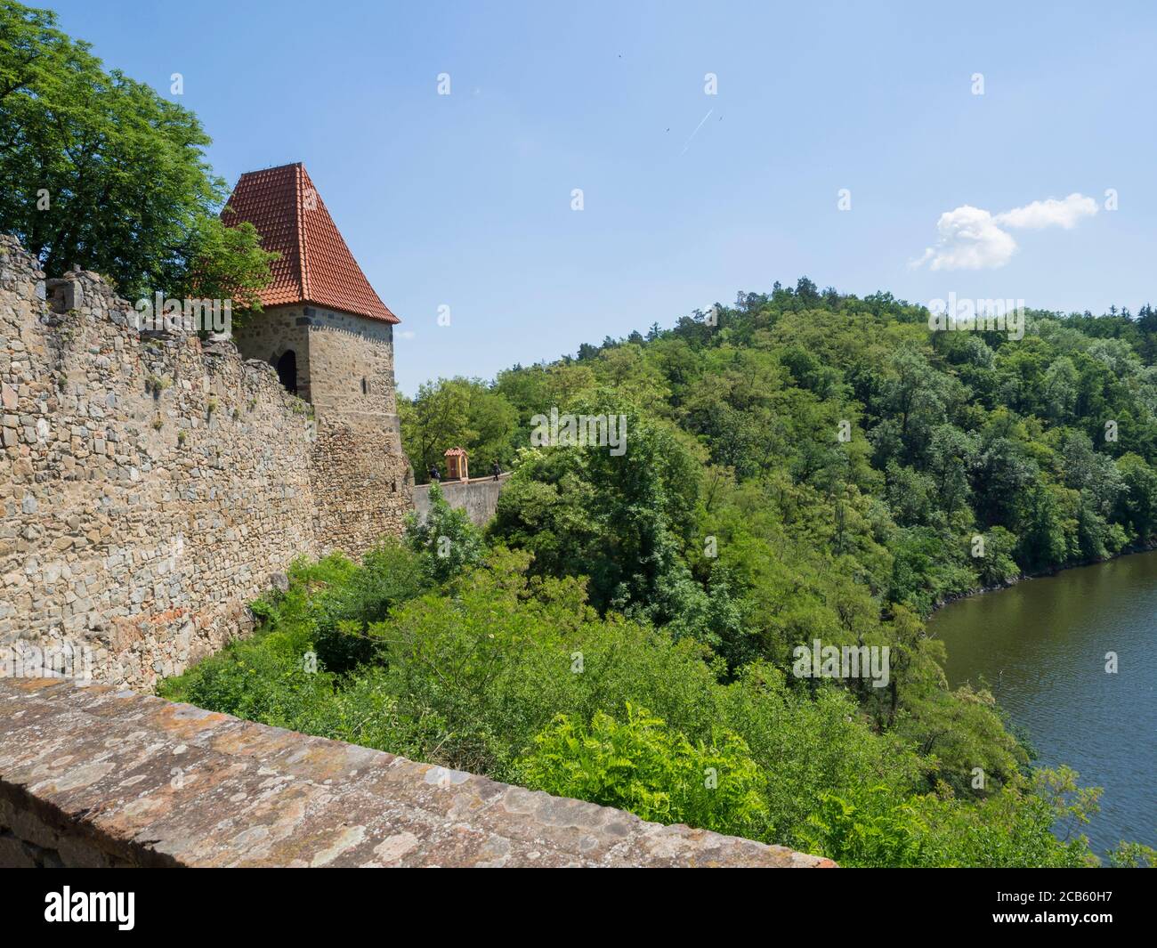 view from rampart of medieval castle Zvikov (Klingenberg), wall with ...