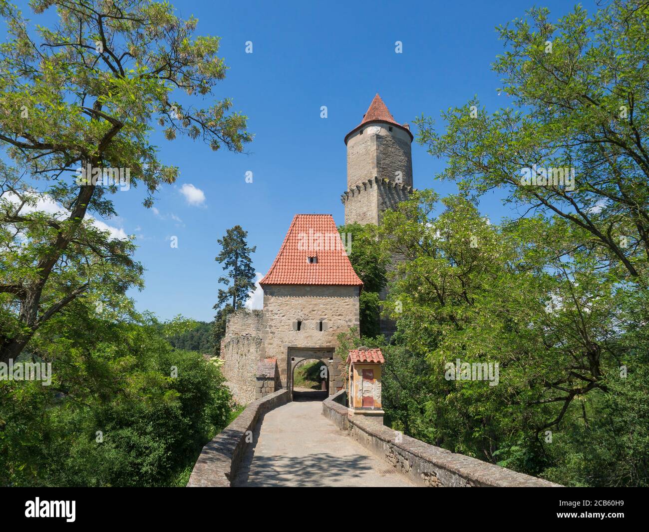 medieval castle Zvikov (Klingenberg) main entry gate with round tower ...