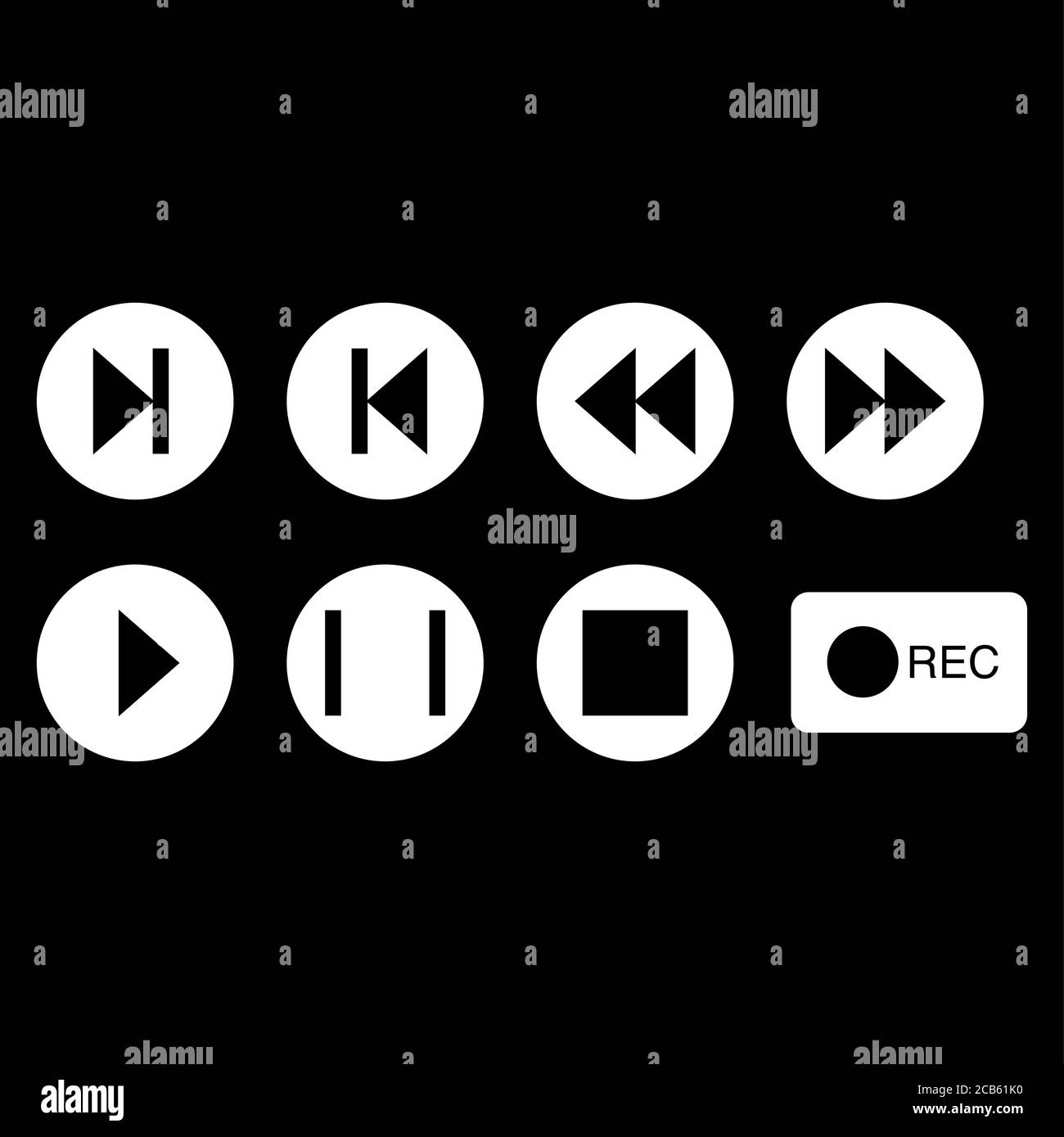 vector music buttons icons in white circles on black background Stock ...