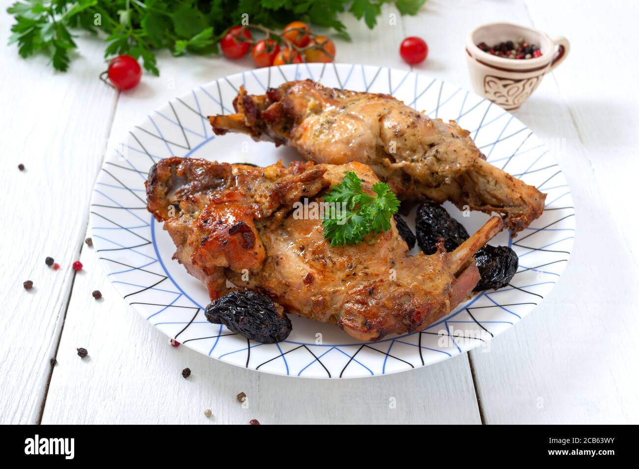 Baked rabbit with prunes. Diet menu. Proper nutrition Stock Photo - Alamy