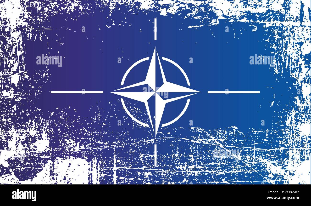 Flag of NATO, North Atlantic Treaty Organization. Wrinkled dirty spots ...