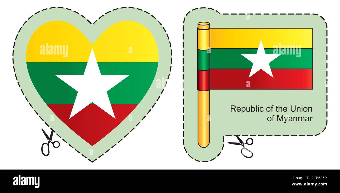 Flag of Myanmar. Vector cut sign here, isolated on white. Can be used ...