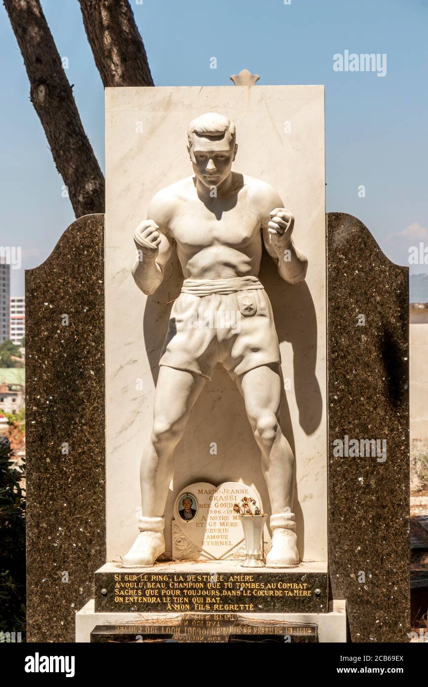 gravestone statue of boxer Raymond Grassi in cemetery Cimetière Saint ...