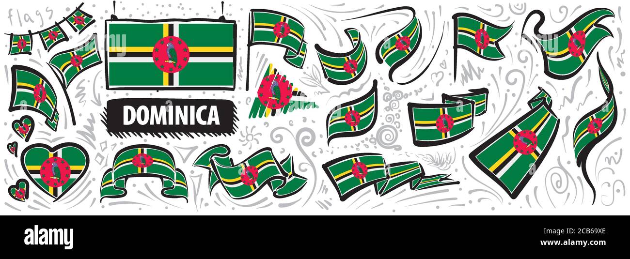 Vector set of the national flag of Dominica in various creative designs ...