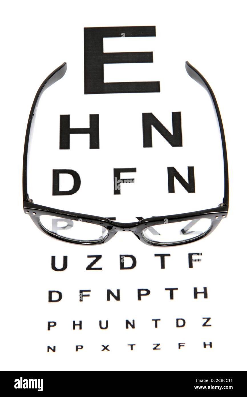 eye test chart and black glasses isolated on the white background Stock ...