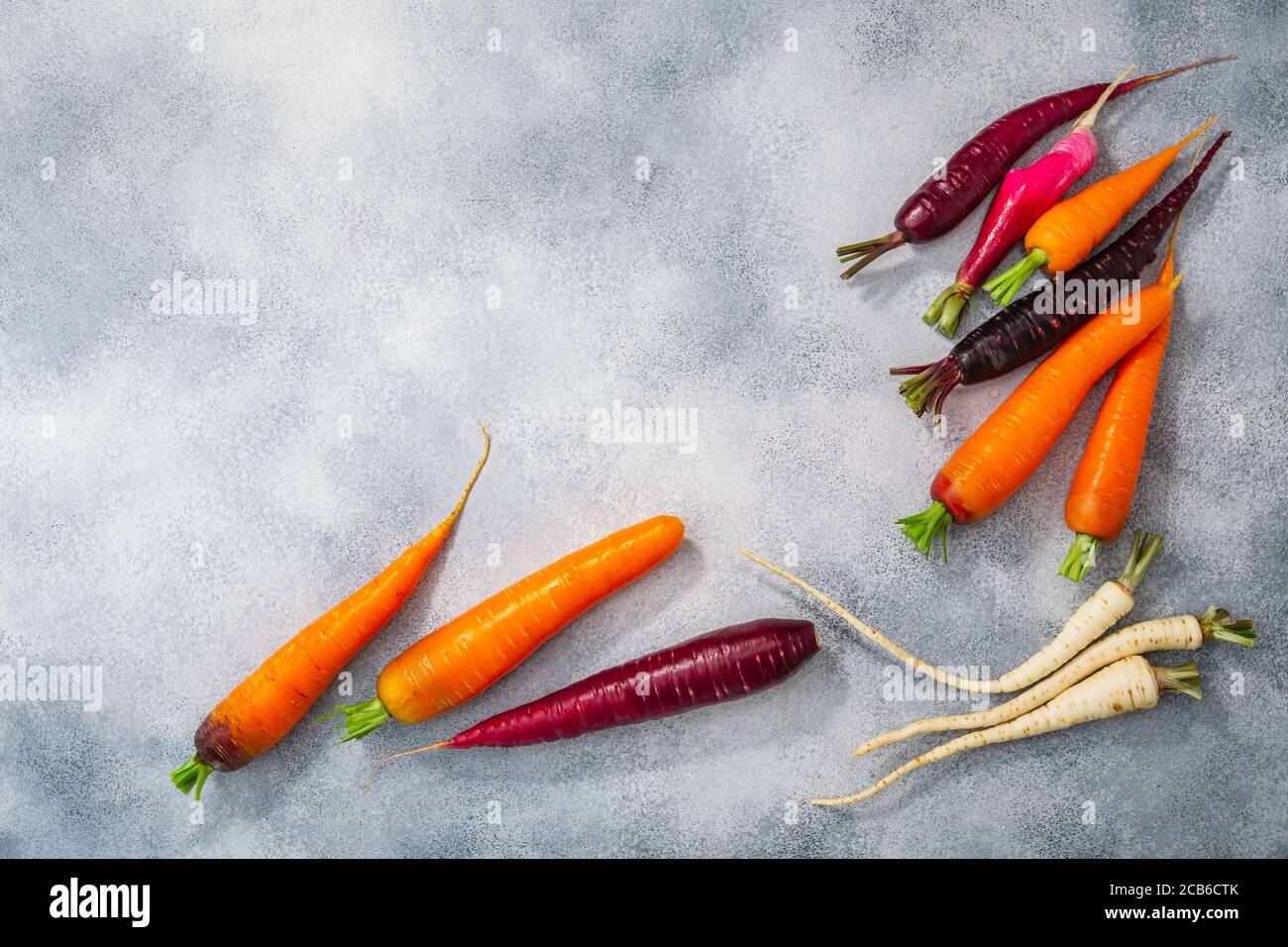 Carrots, parsnip and radish on grey washed concrete backdrop, top view ...