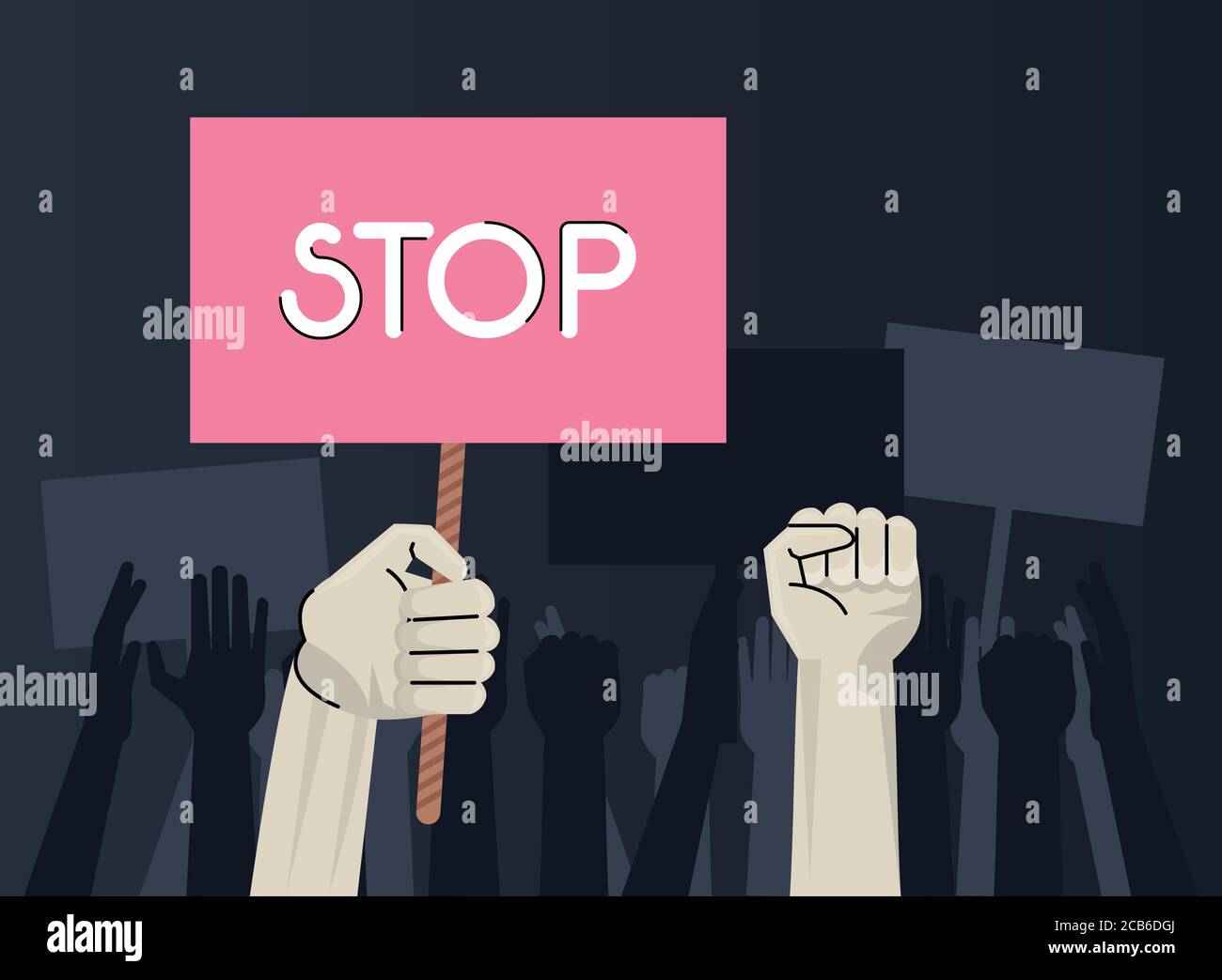 hands human protesting lifting banner stop word vector illustration ...