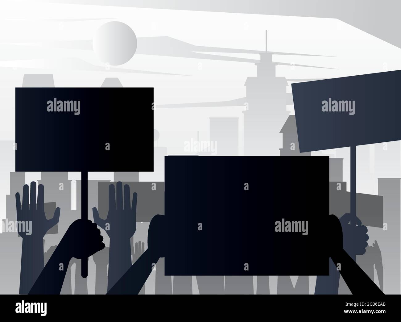 people protesting lifting banners silhouettes on the city vector ...