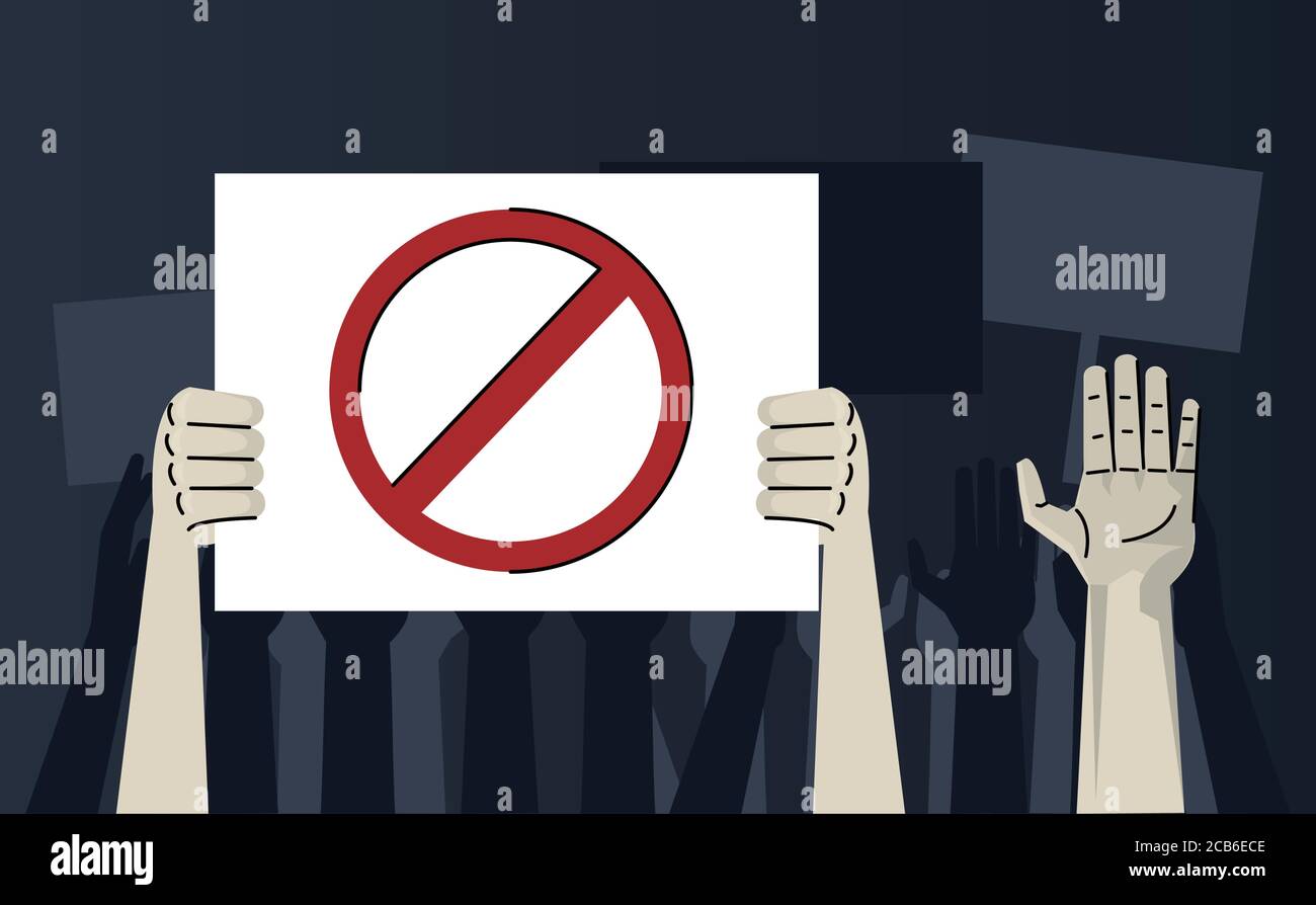 hands human protesting lifting banner stop signal vector illustration ...