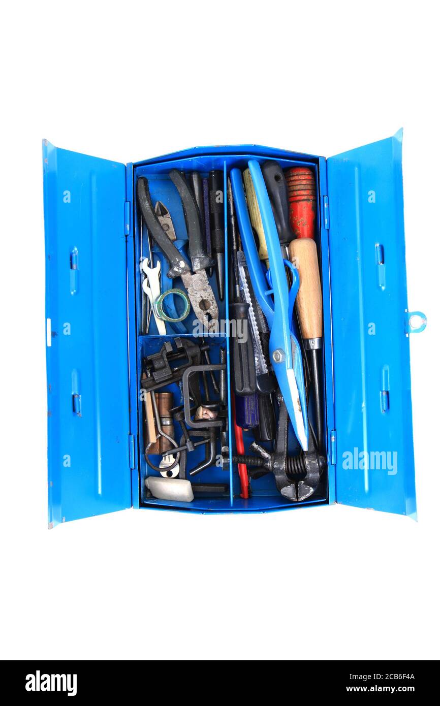 mechanic tools from repairman in blue box isolated on the white ...