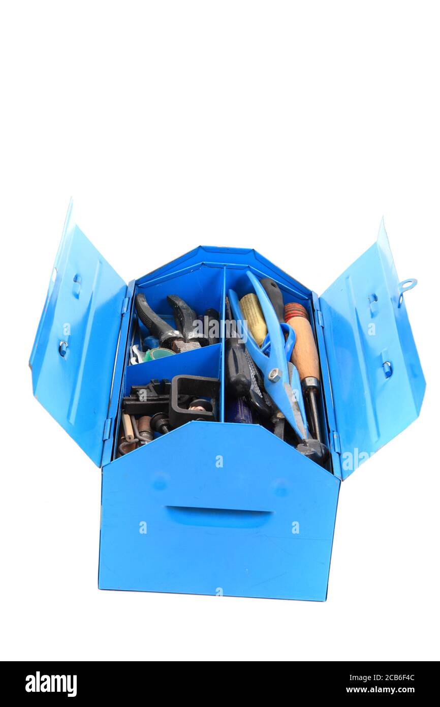 mechanic tools from repairman in blue box isolated on the white ...