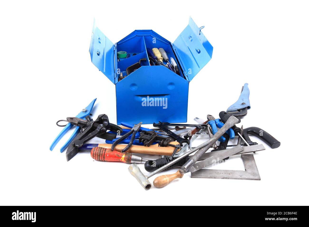 mechanic tools from repairman in blue box isolated on the white ...