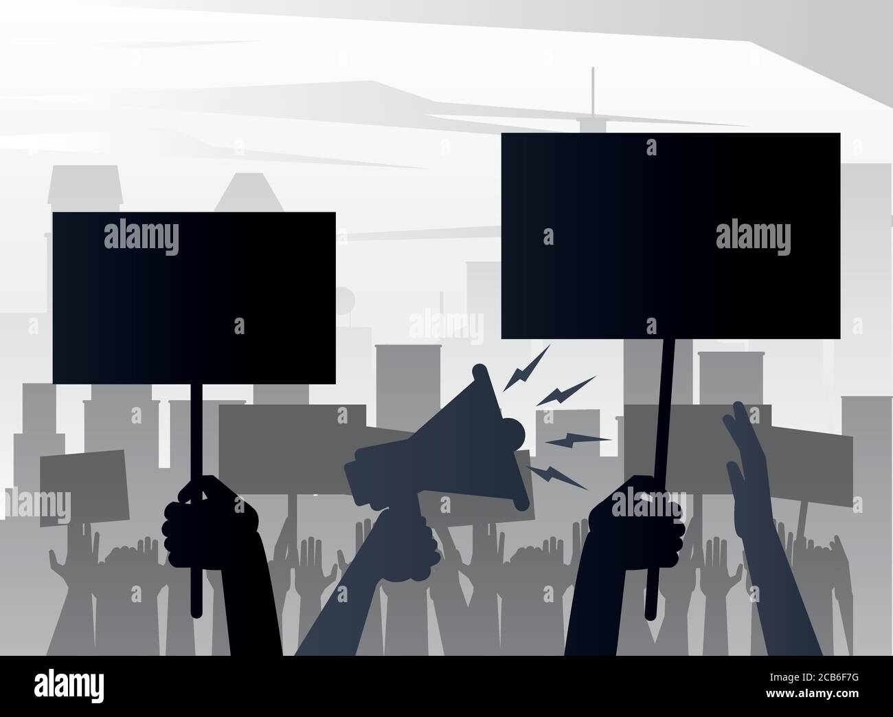 people protesting lifting banners and megaphone silhouettes on the city ...