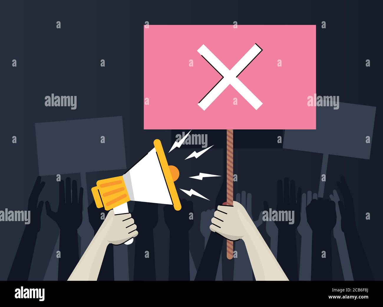 hands human protesting lifting banner with x and megaphone vector ...
