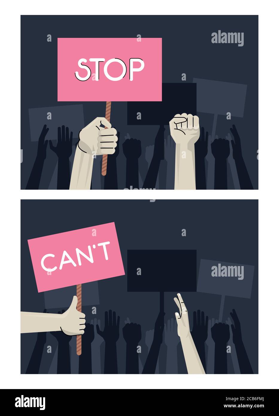 hands people protesting lifting banners with stop and cant words scenes ...