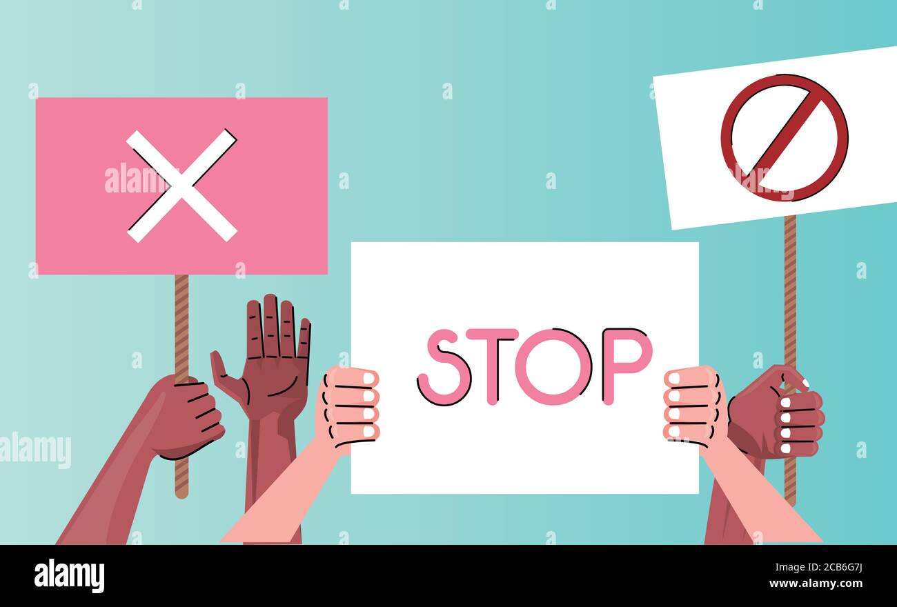 interracial hands people protesting lifting banners vector illustration ...