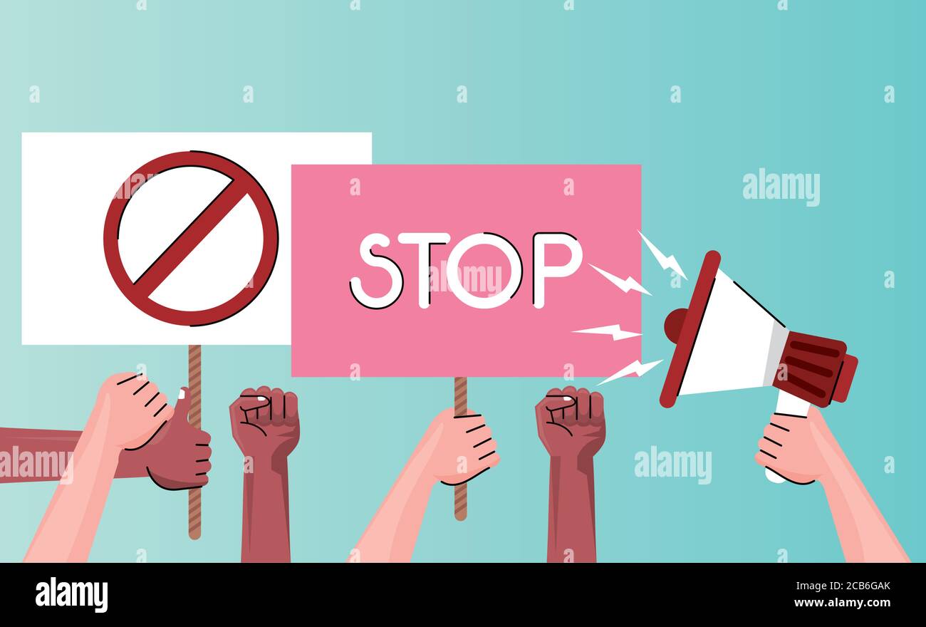 people hands protesting lifting banner with stop word and megaphone on ...