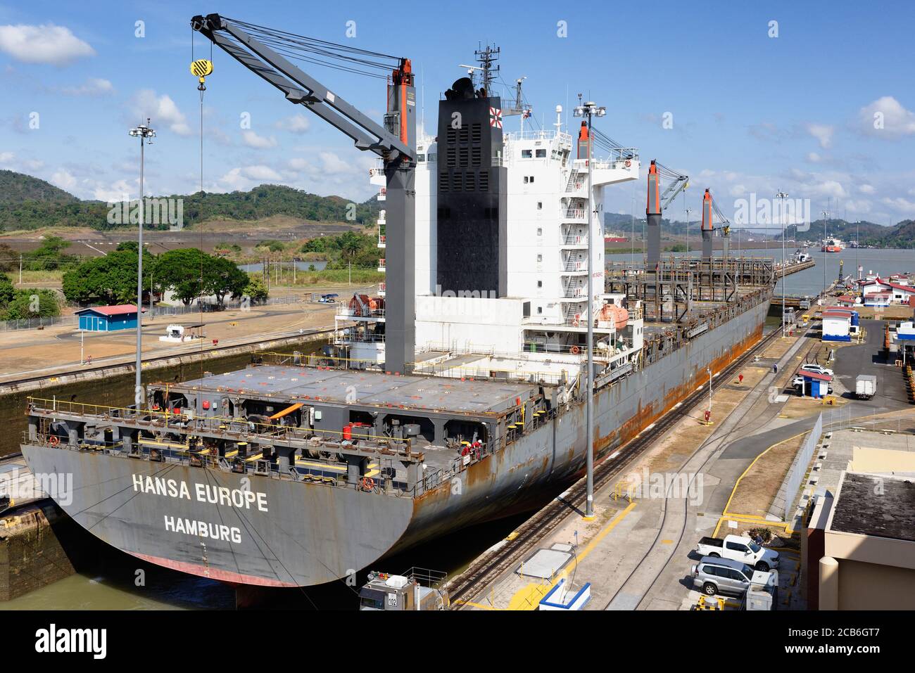 The stern of container ship Hansa Europe exiting the Miraflores lock on ...