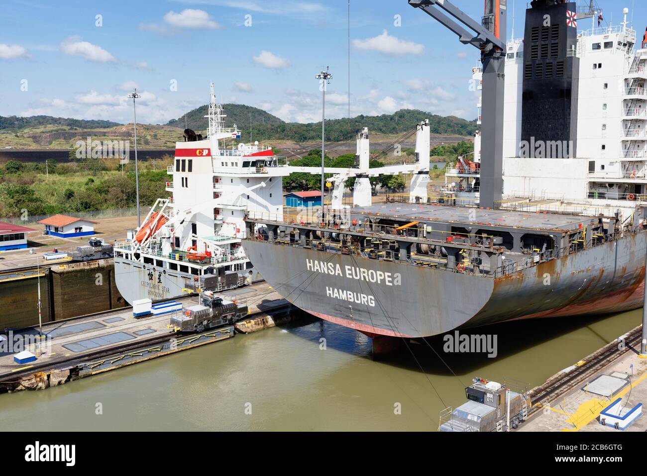 The stern of container ship Hansa Europe exiting the Miraflores lock on ...
