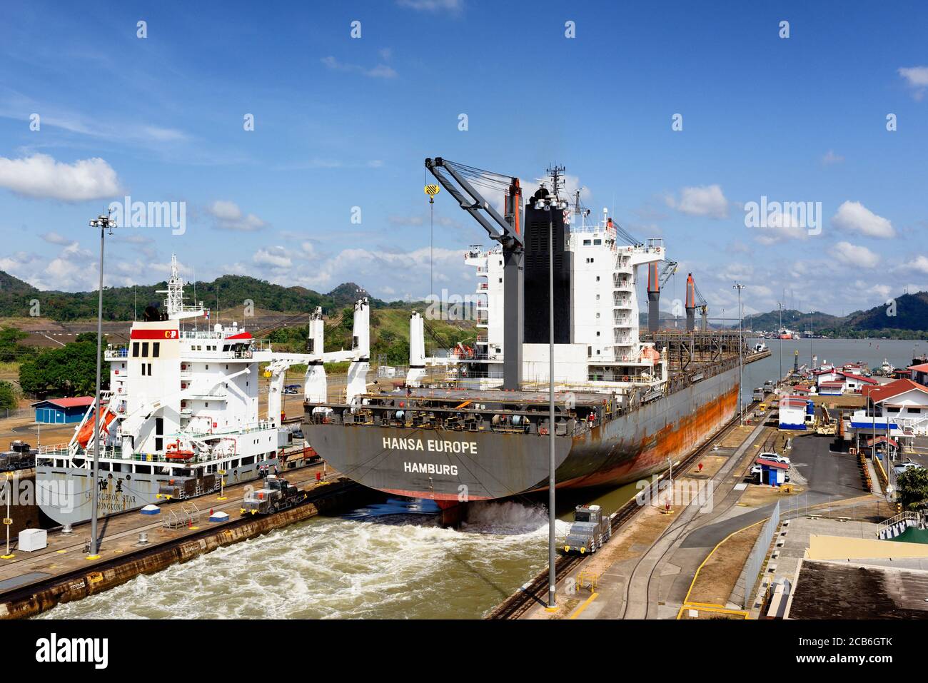 The stern of container ship Hansa Europe exiting the Miraflores lock on ...