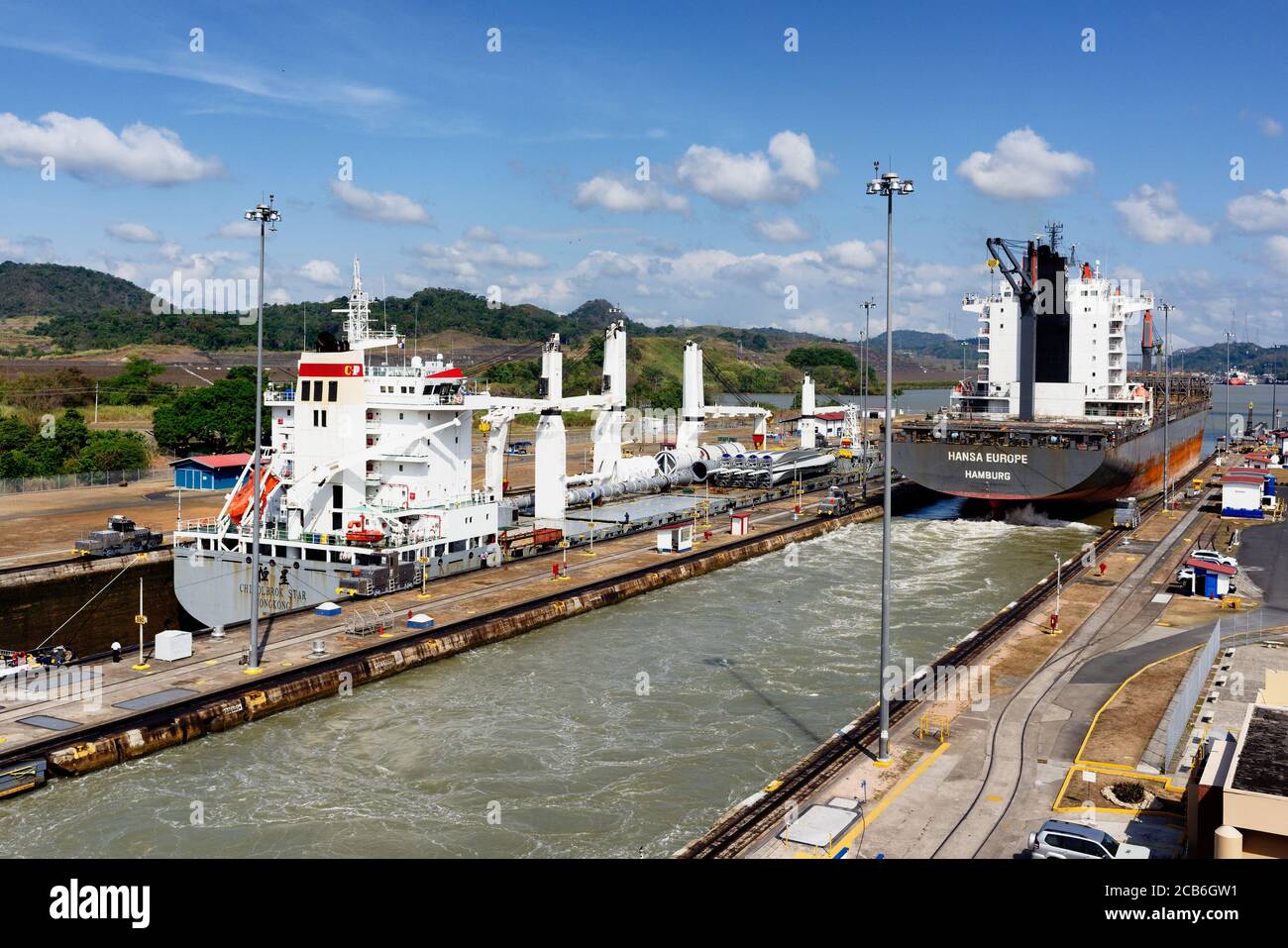The stern of container ship Hansa Europe exiting the Miraflores lock on ...
