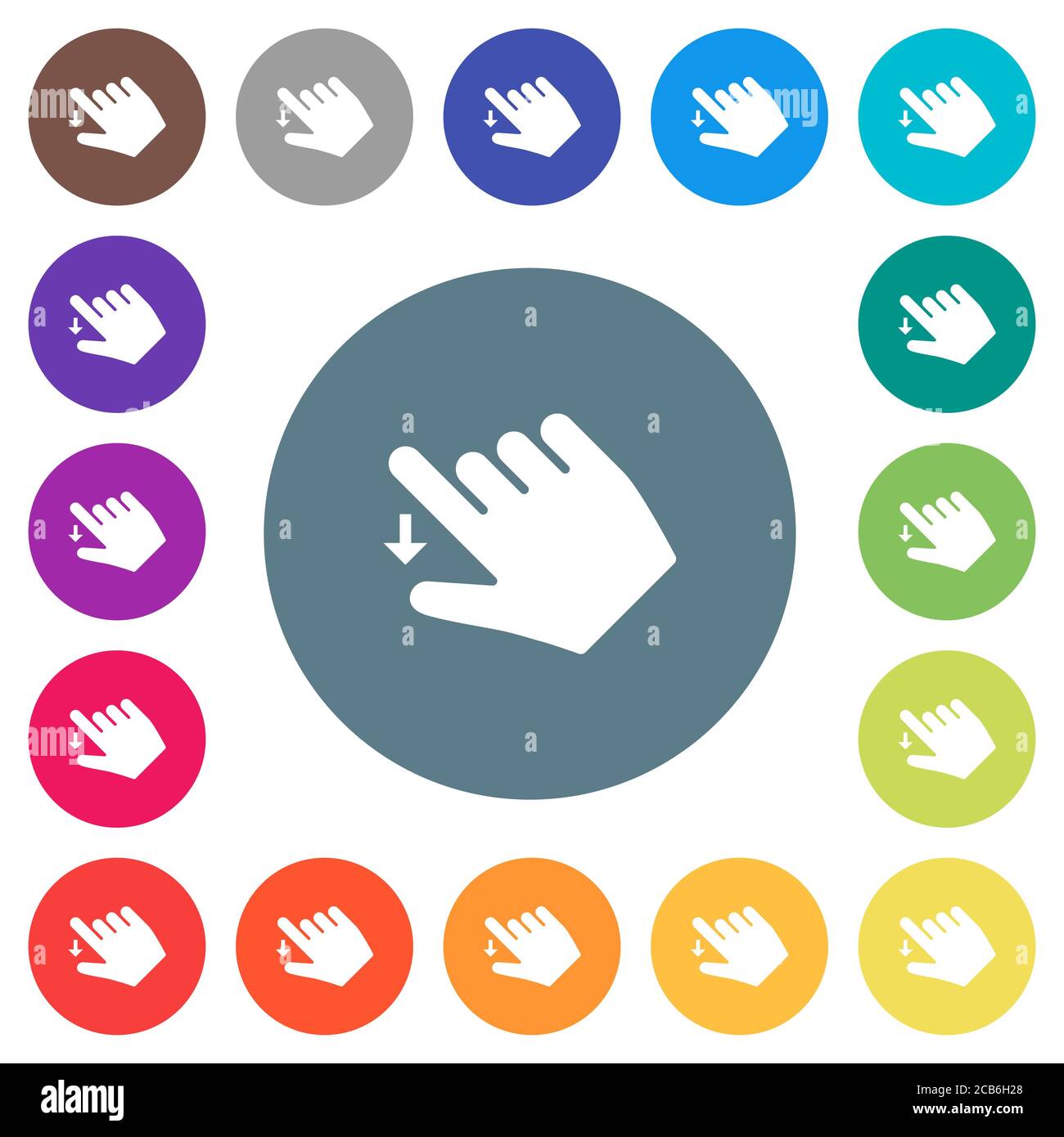 Right handed move down gesture flat white icons on round color ...