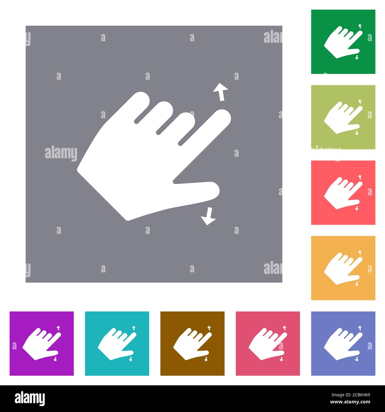 Left handed pinch open gesture flat icons on simple color square ...