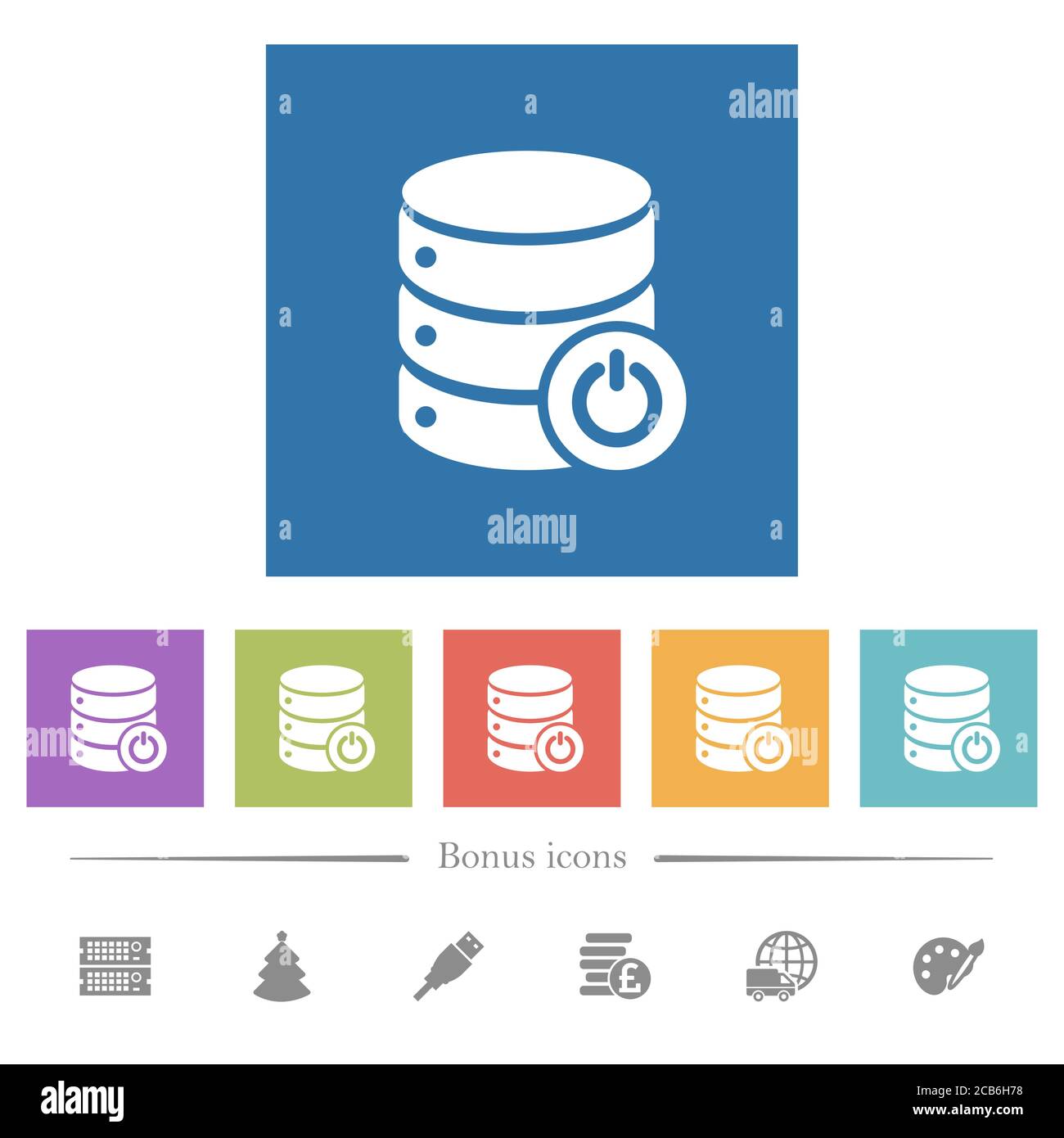 Database main switch flat white icons in square backgrounds. 6 bonus ...