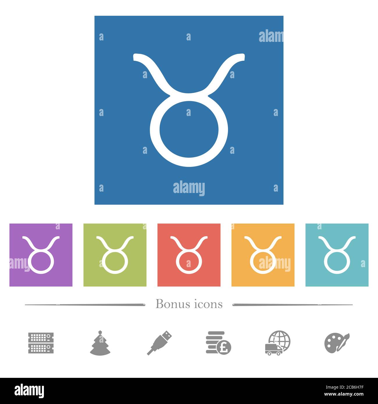 Taurus zodiac symbol flat white icons in square backgrounds. 6 bonus ...