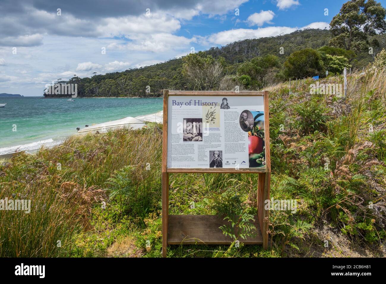 Sign explaining the famous seafarers that have visited Adventure Bay ...