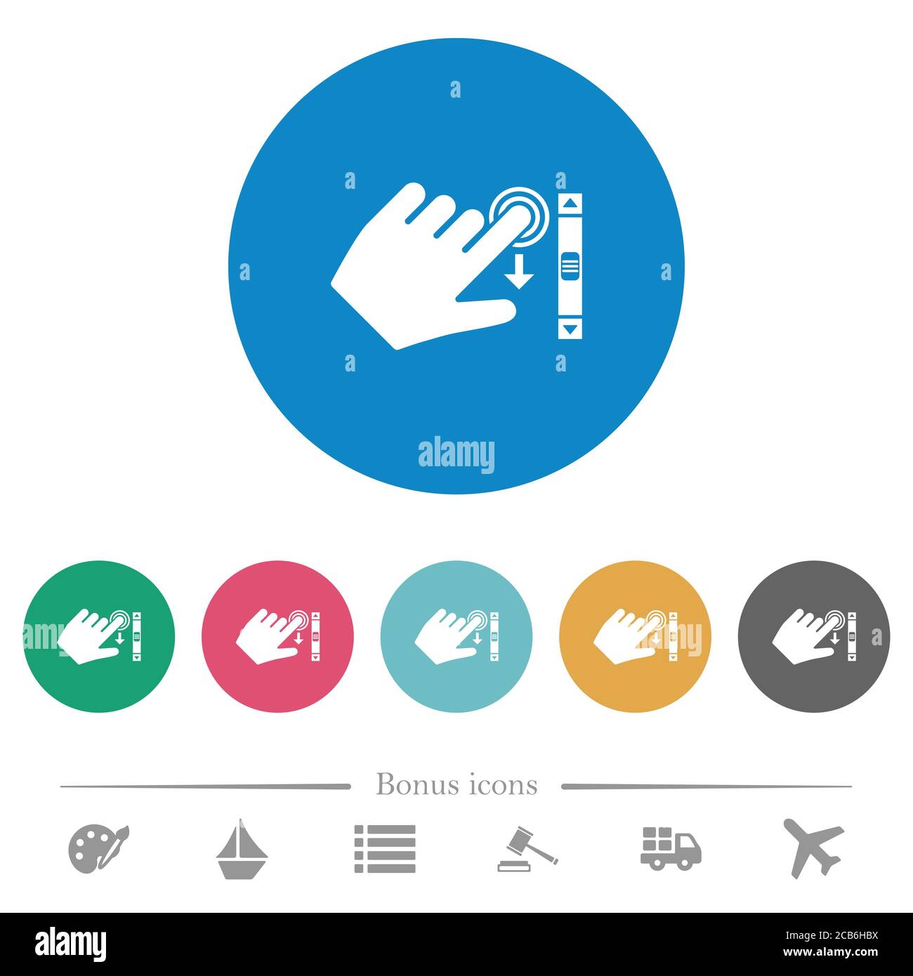 Left handed scroll down gesture flat white icons on round color ...
