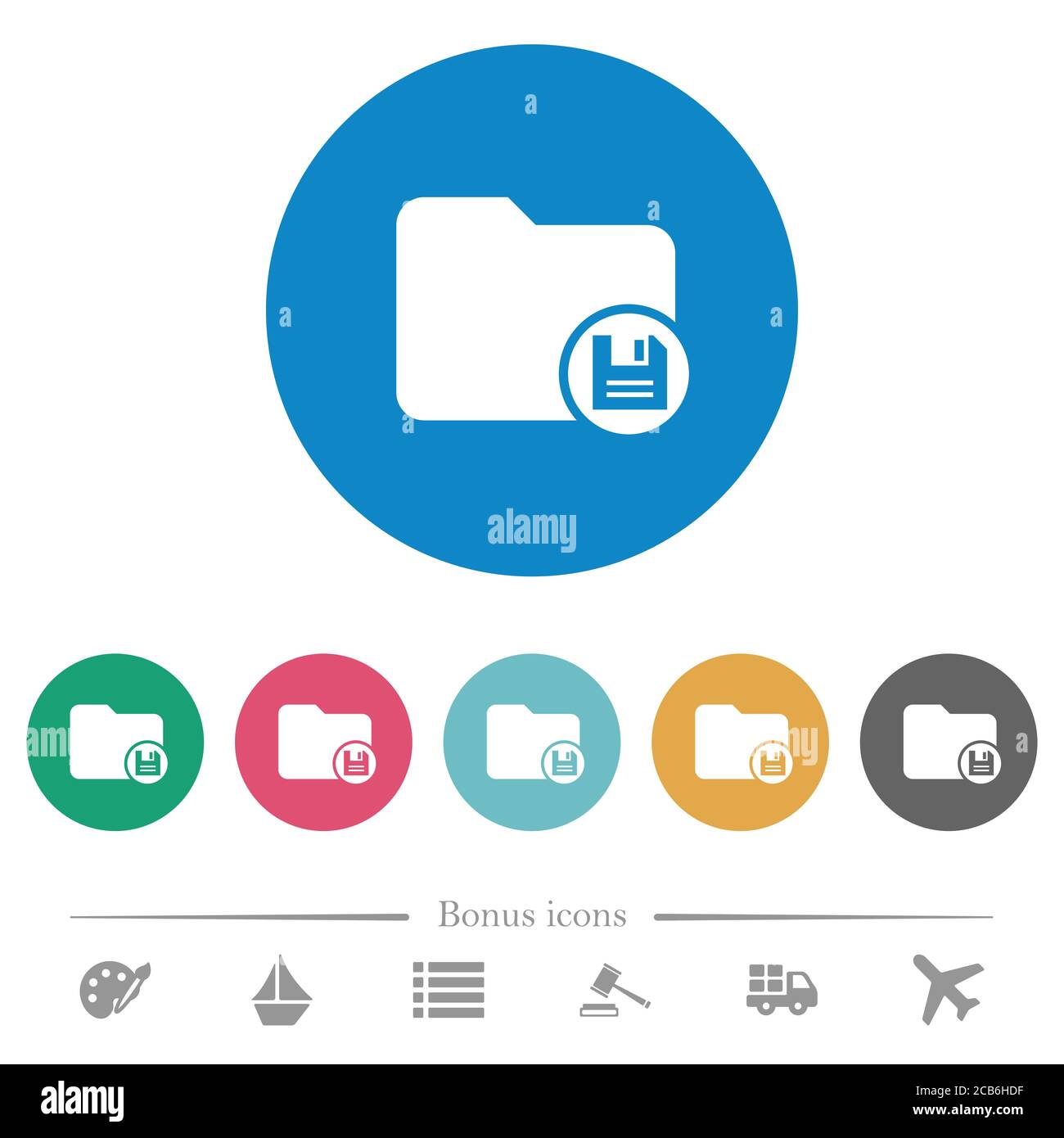 Save directory flat white icons on round color backgrounds. 6 bonus ...