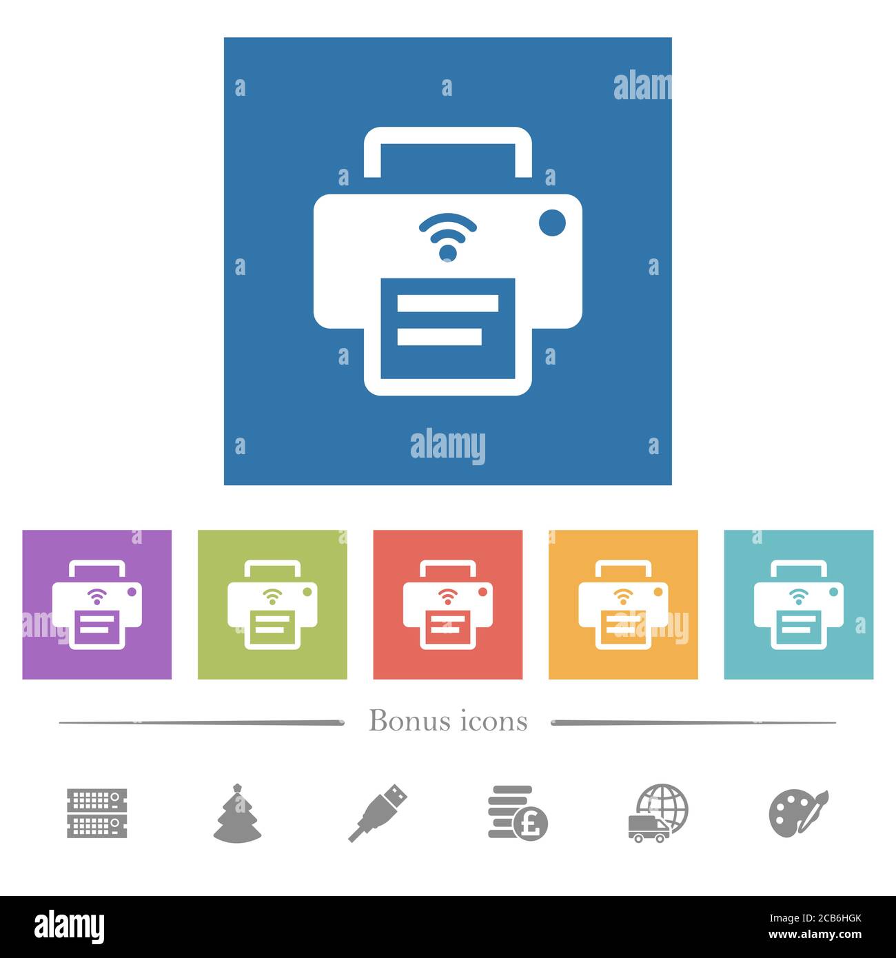 Wireless printer flat white icons in square backgrounds. 6 bonus icons ...