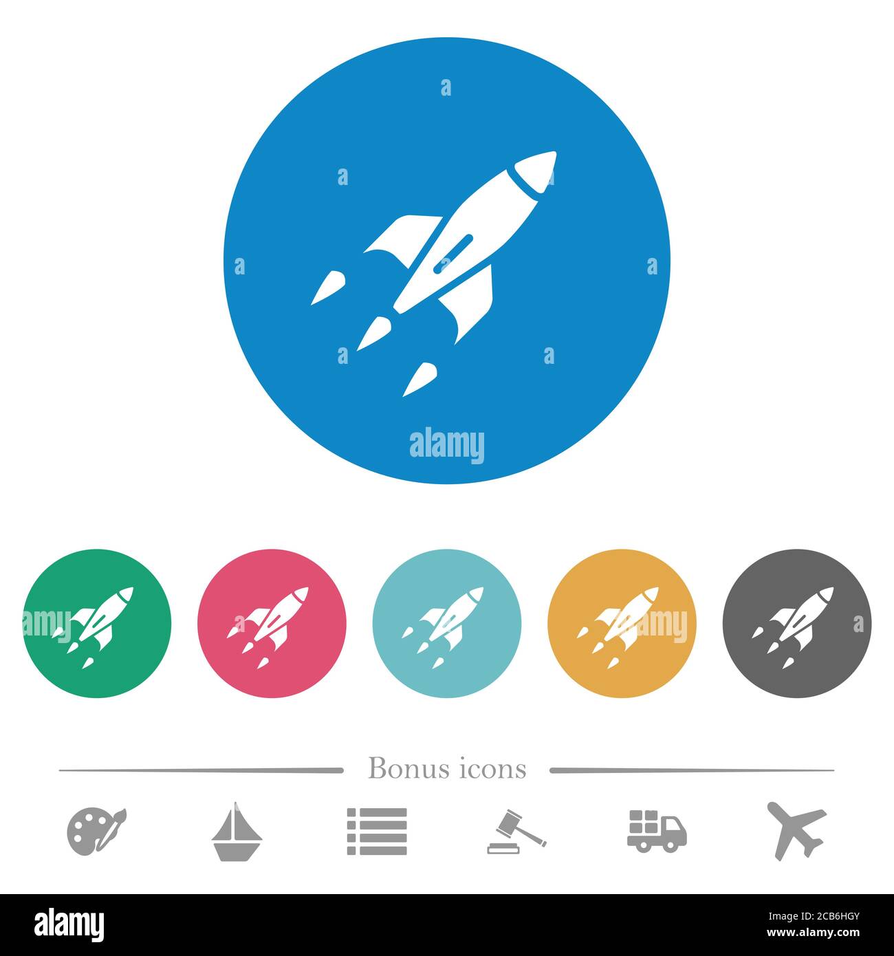 Rocket flat white icons on round color backgrounds. 6 bonus icons ...