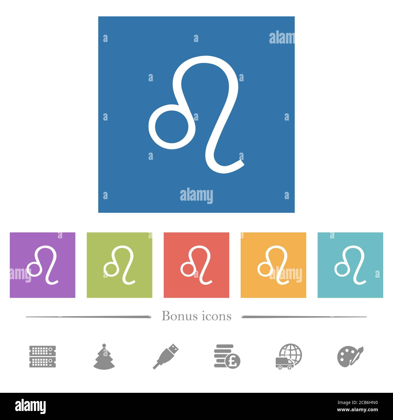 Leo zodiac symbol flat white icons in square backgrounds. 6 bonus icons ...
