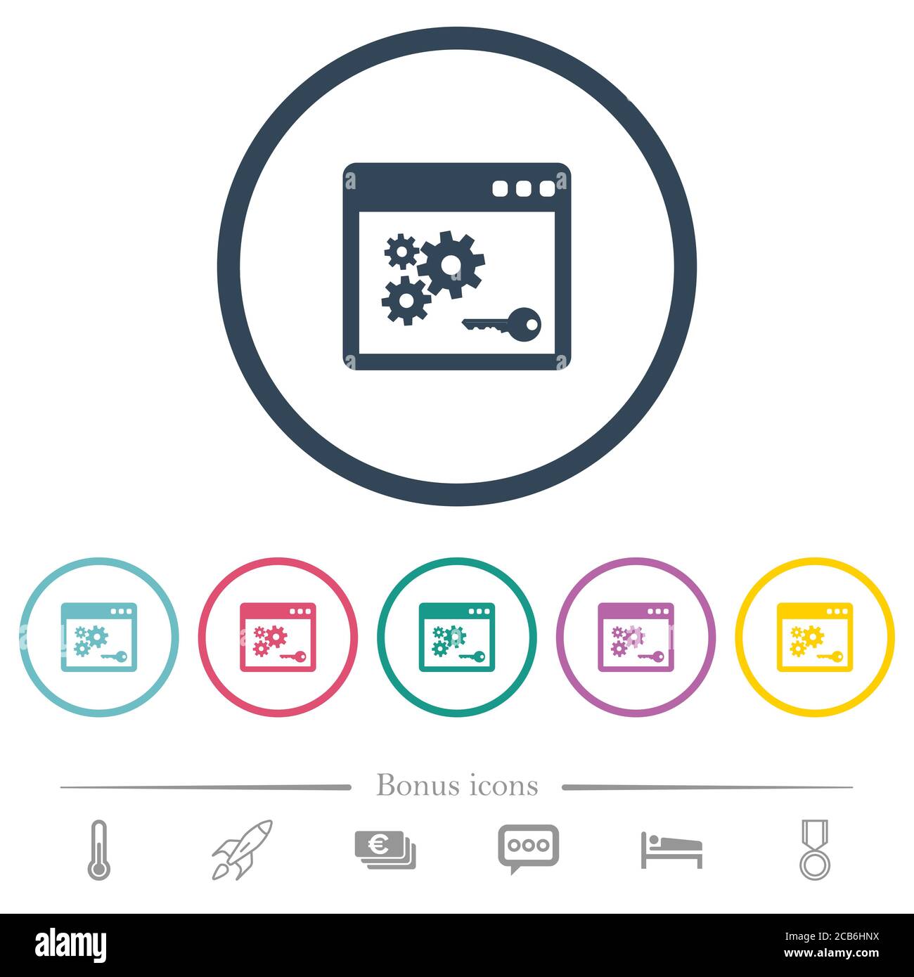 API key flat color icons in round outlines. 6 bonus icons included ...