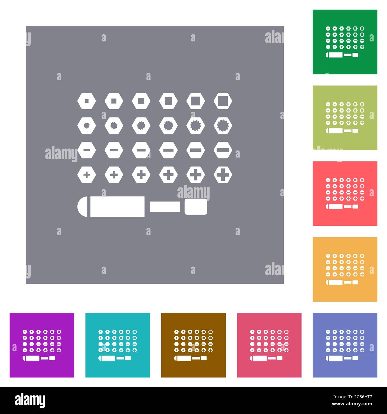 Set of screwdriver bits flat icons on simple color square backgrounds ...
