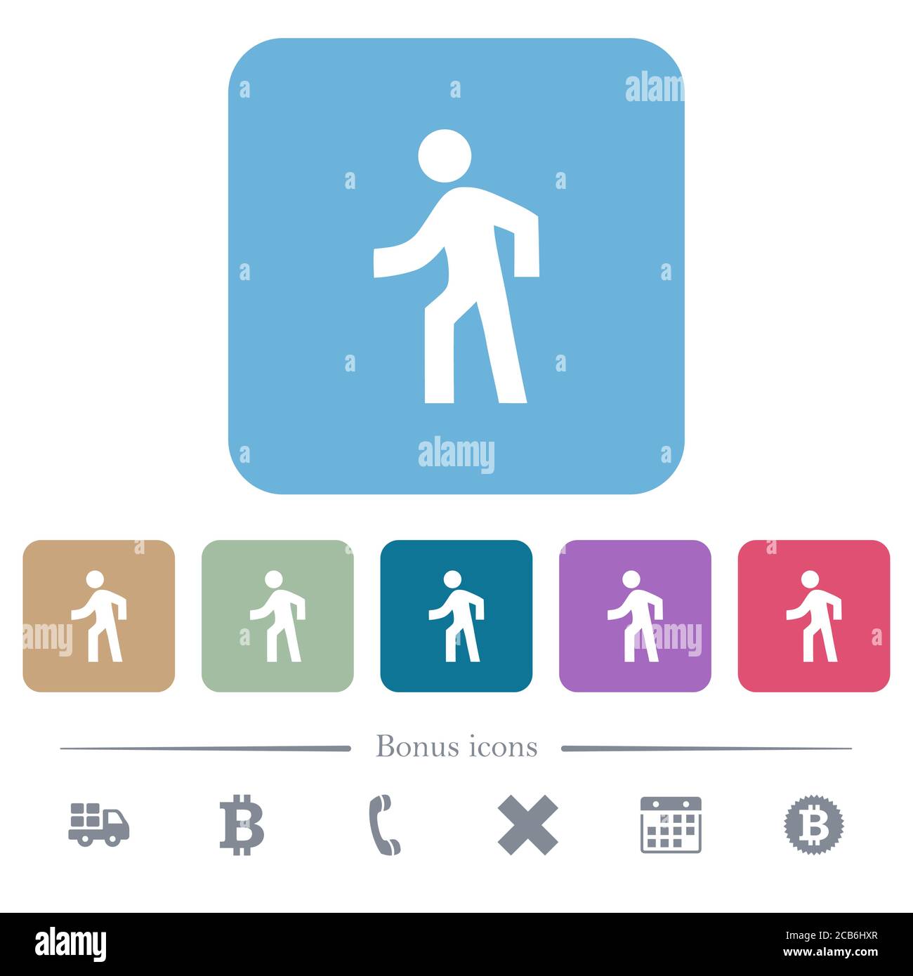 Man walking left white flat icons on color rounded square backgrounds ...
