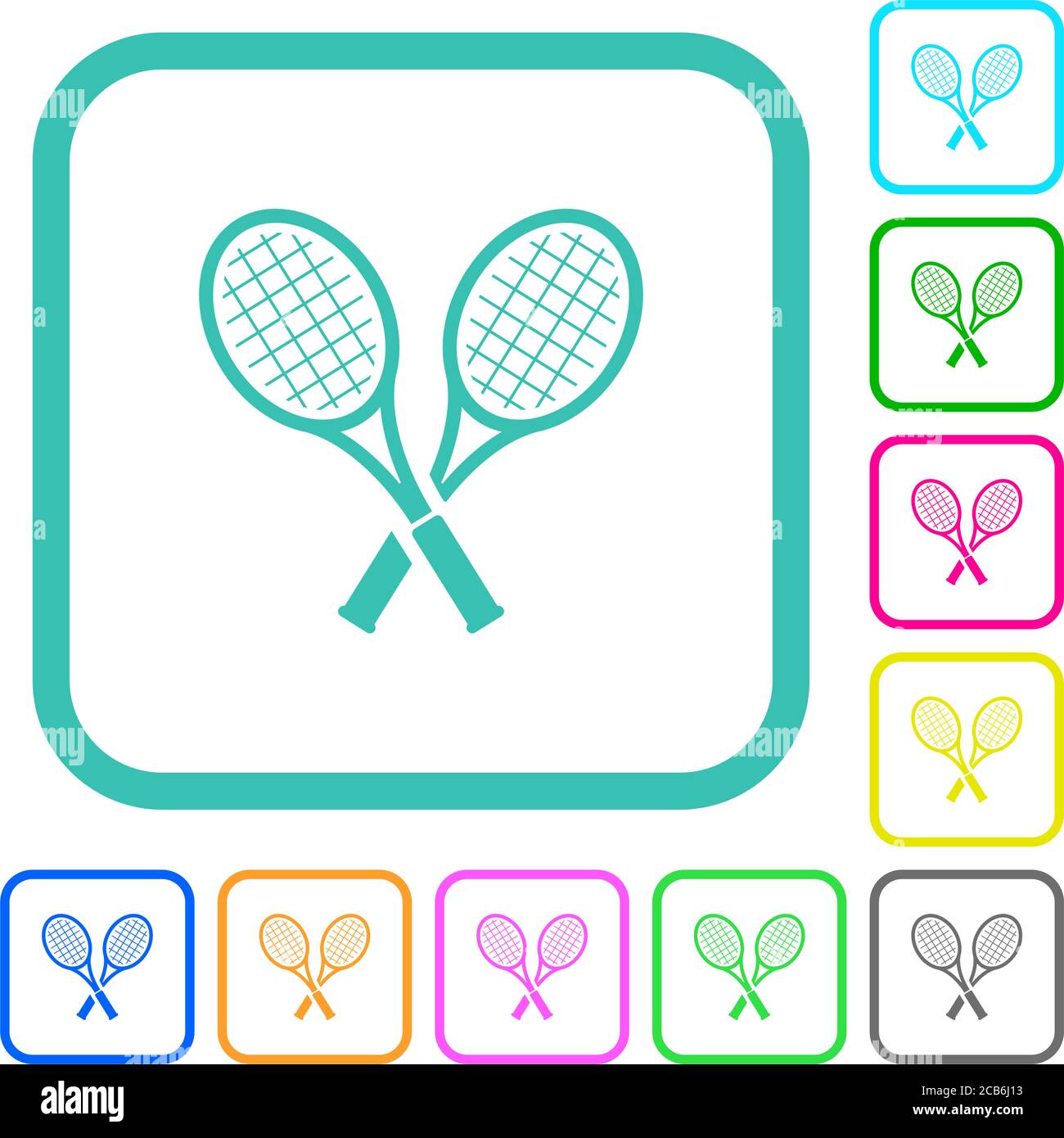 Two tennis rackets vivid colored flat icons in curved borders on white ...