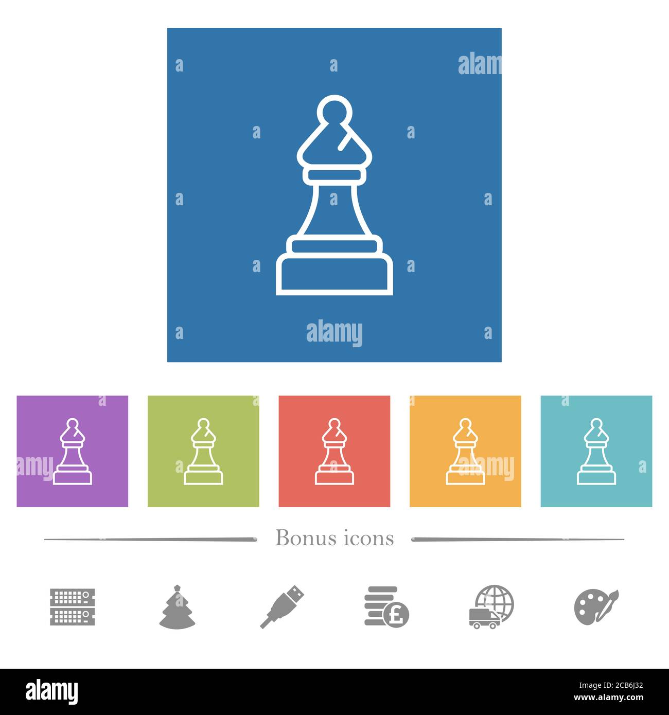 White chess bishop flat white icons in square backgrounds. 6 bonus ...