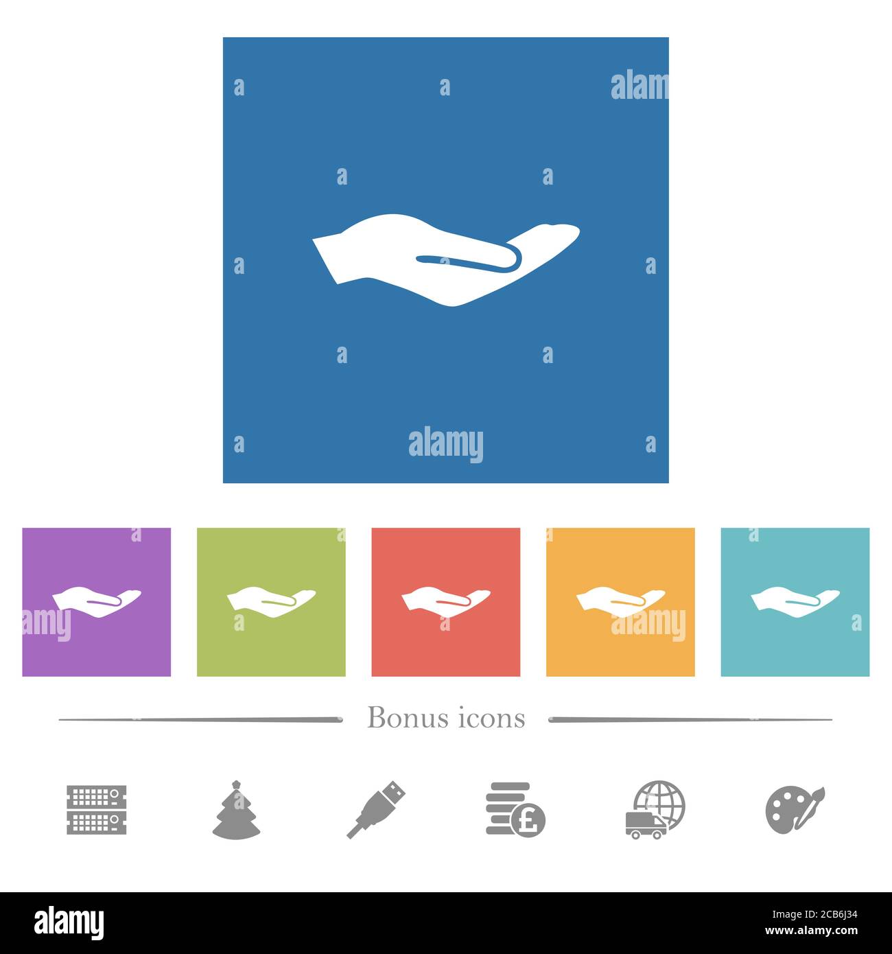 Human hand flat white icons in square backgrounds. 6 bonus icons ...