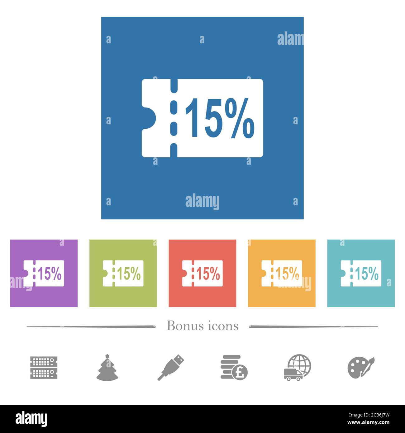 15 percent discount coupon flat white icons in square backgrounds. 6 ...