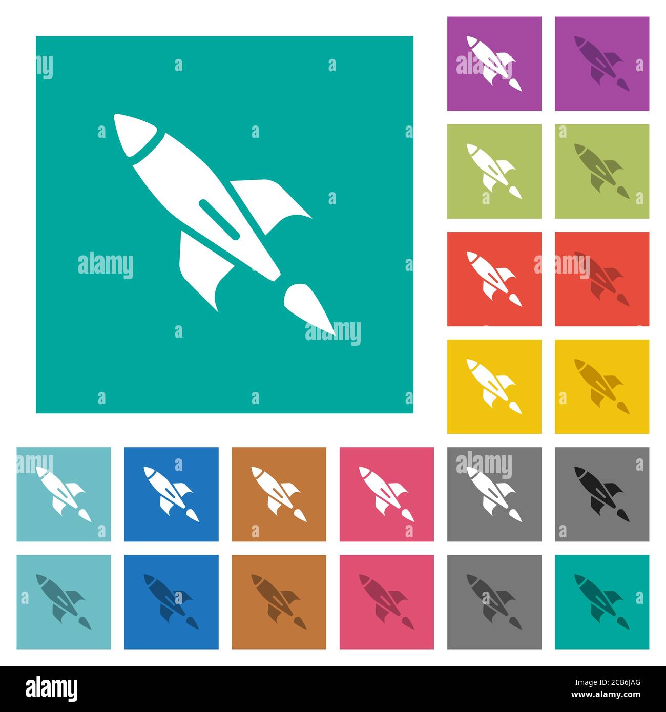 Rocket multi colored flat icons on plain square backgrounds. Included ...