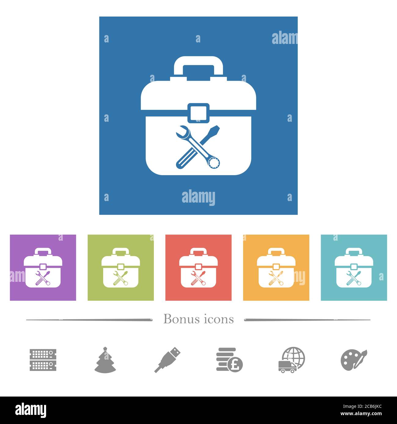 Toolbox flat white icons in square backgrounds. 6 bonus icons included ...