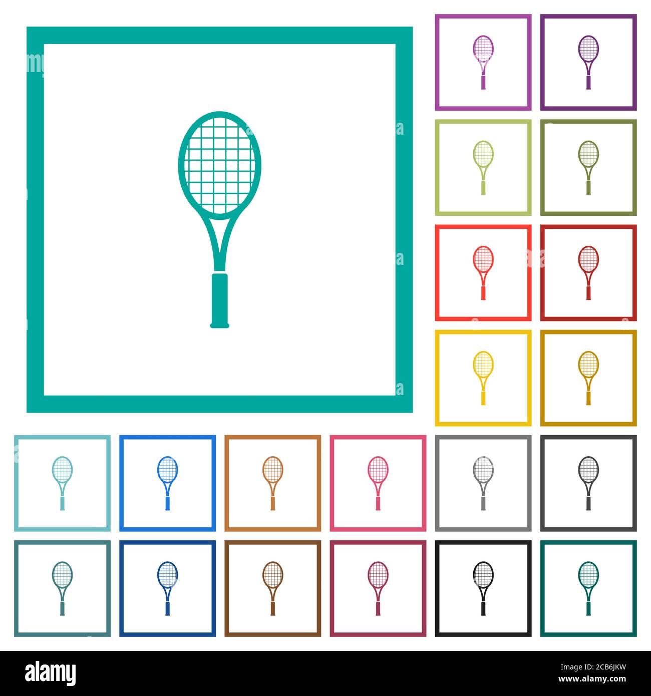 Single tennis racket flat color icons with quadrant frames on white ...
