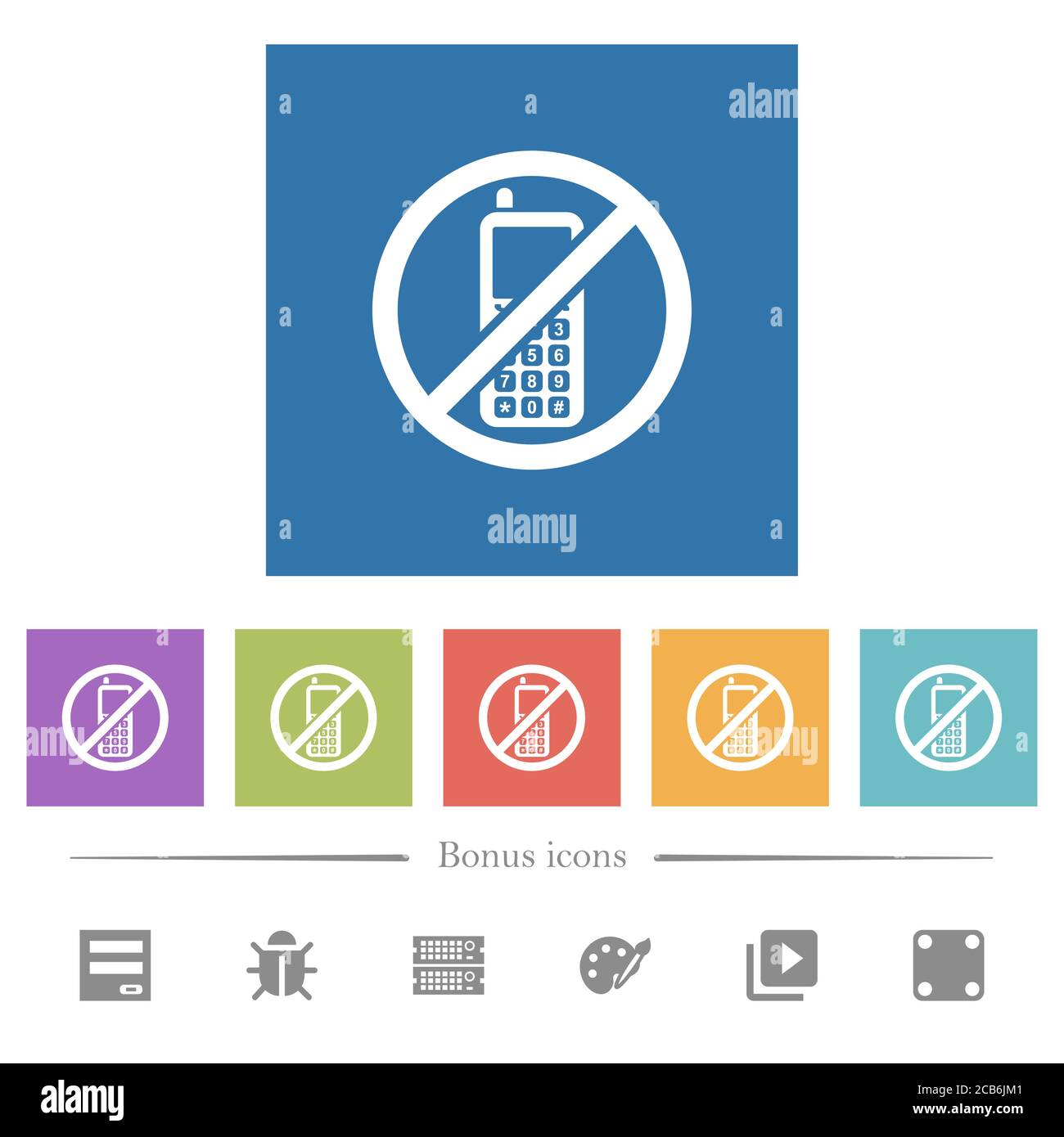 Cellphone not allowed flat white icons in square backgrounds. 6 bonus ...