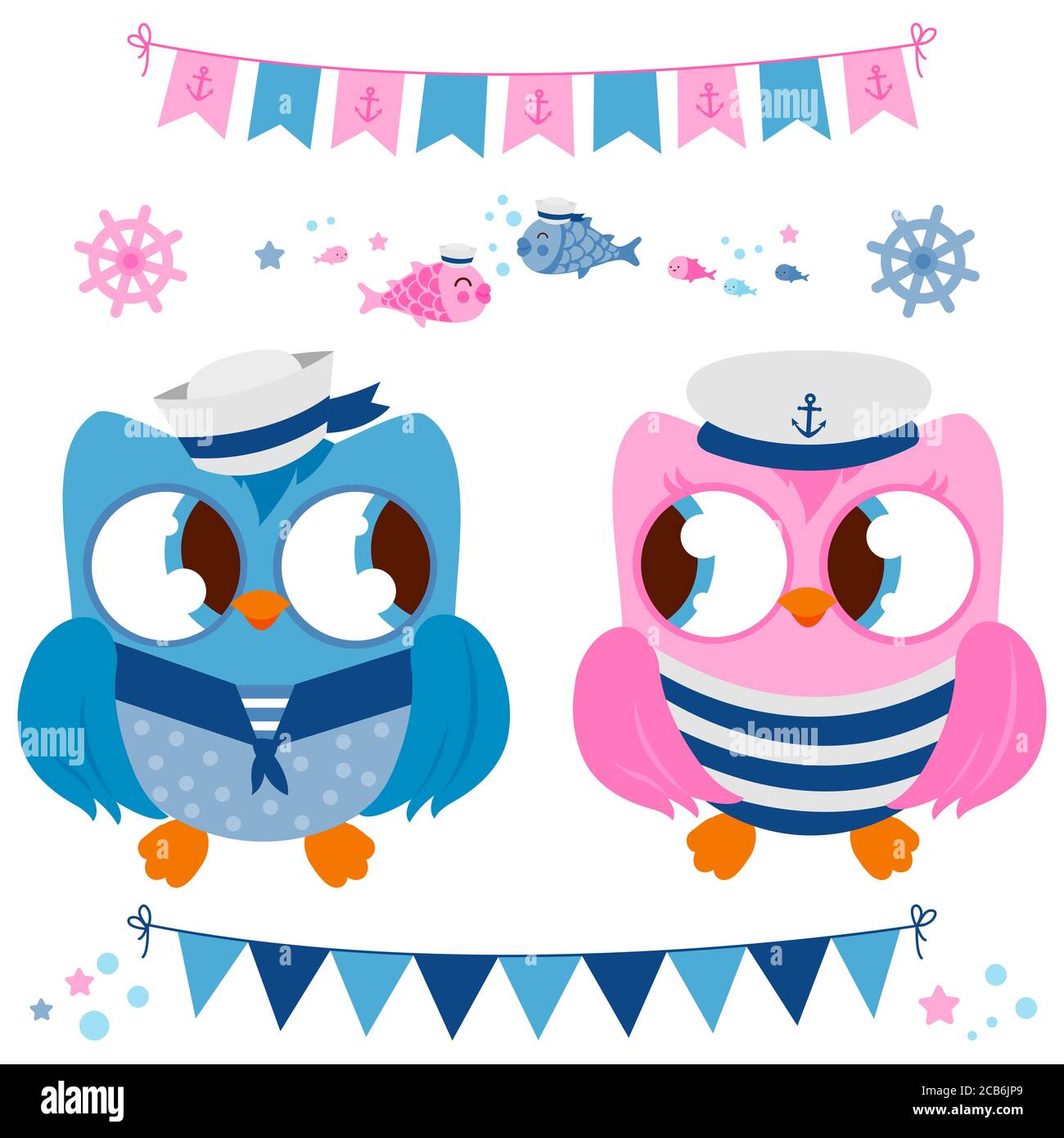 Pink and blue baby sailor owl marine nautical set Stock Photo - Alamy